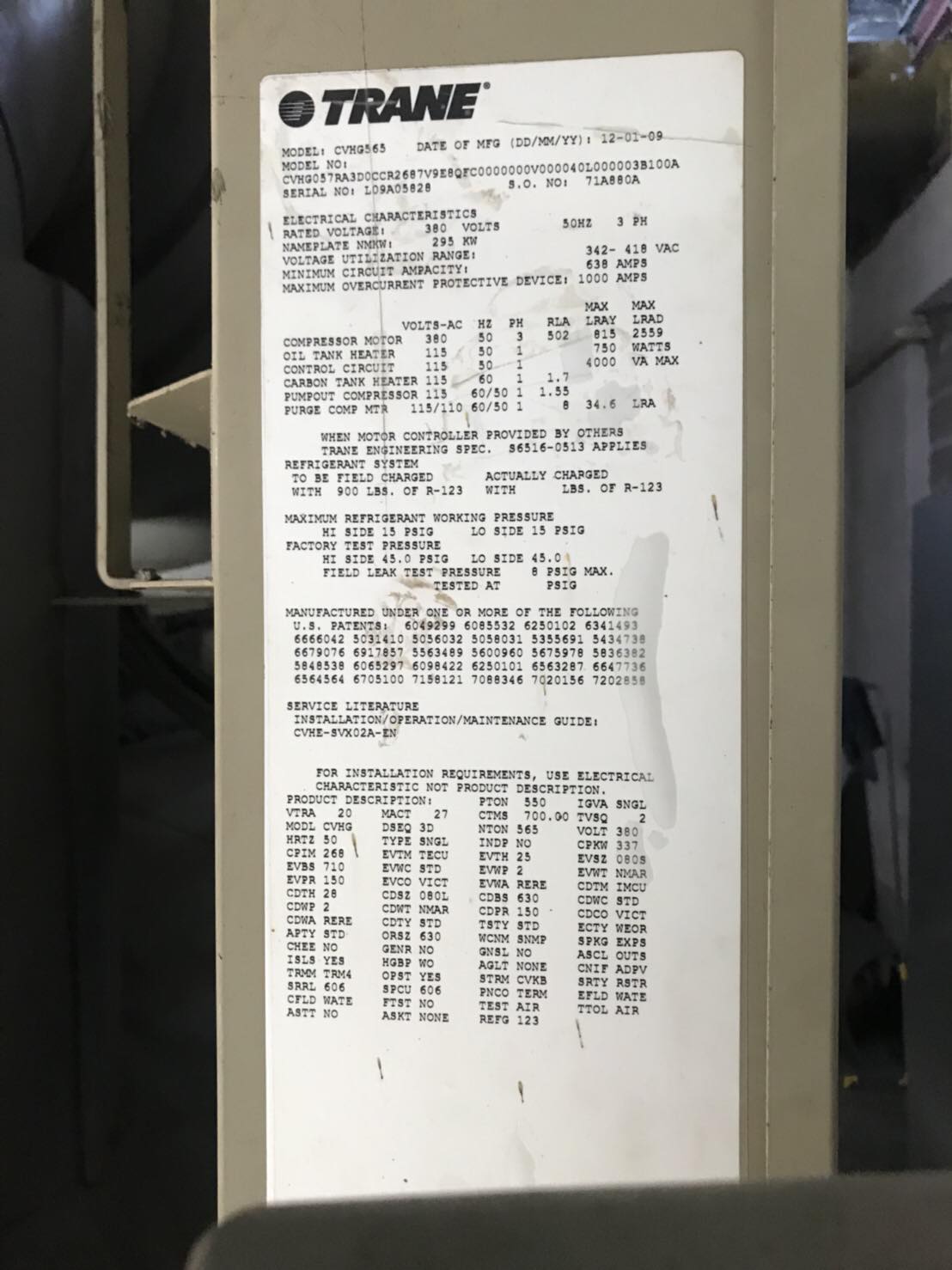 Water Cooled Chiller ” Trane ” 2012 Cooling Cap. 550 Tons | Chiller ...